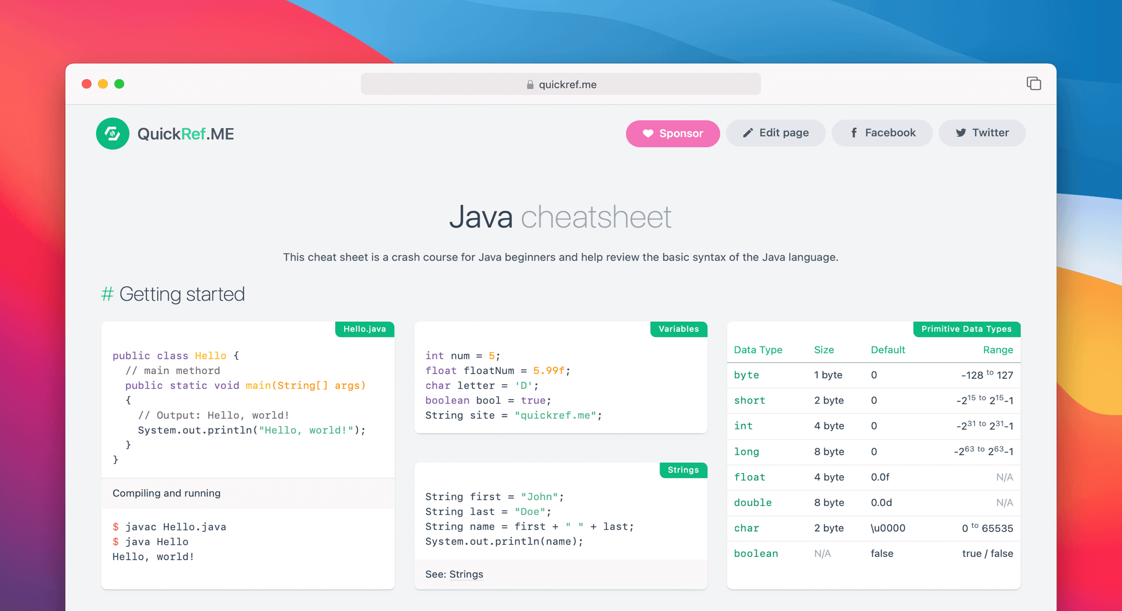 Java Syntax Cheat Sheet