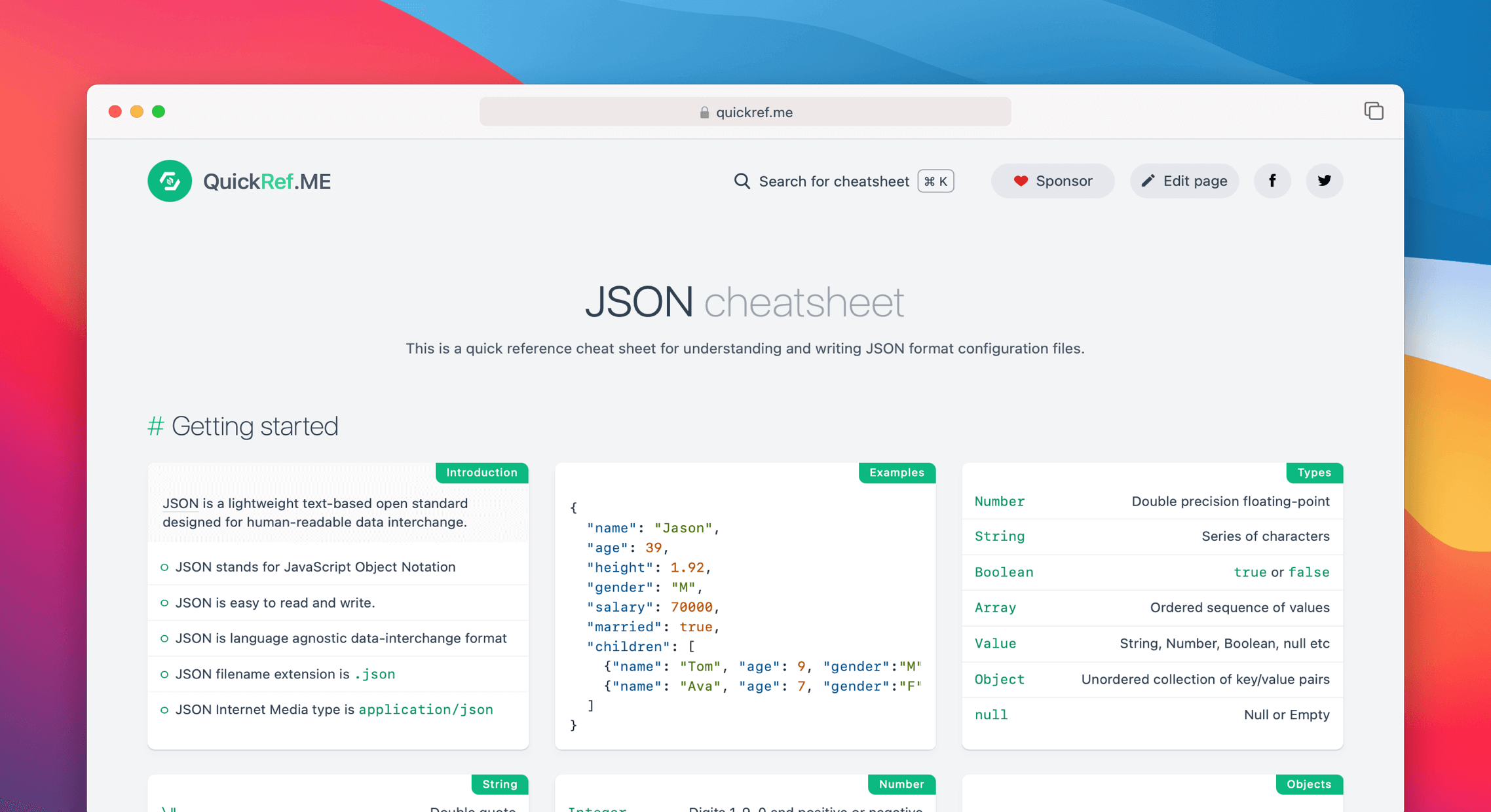 Json Cheat Sheet And Quick Reference